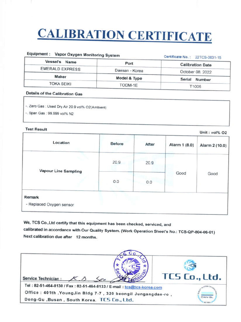 20.4k VECS O2 Sensor Calibration 8 Oct'22 | PDF