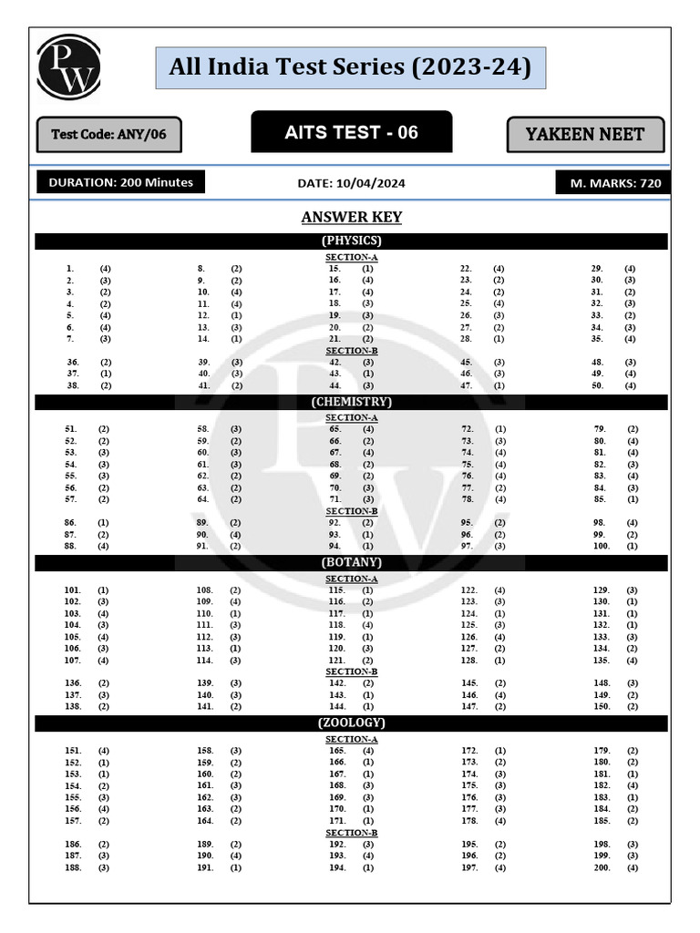 AITS - 06 - Answer Key | PDF