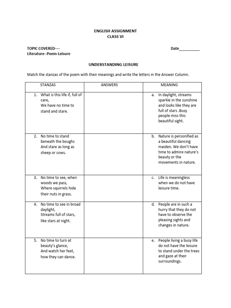 Class - Vi English - Leisure | PDF