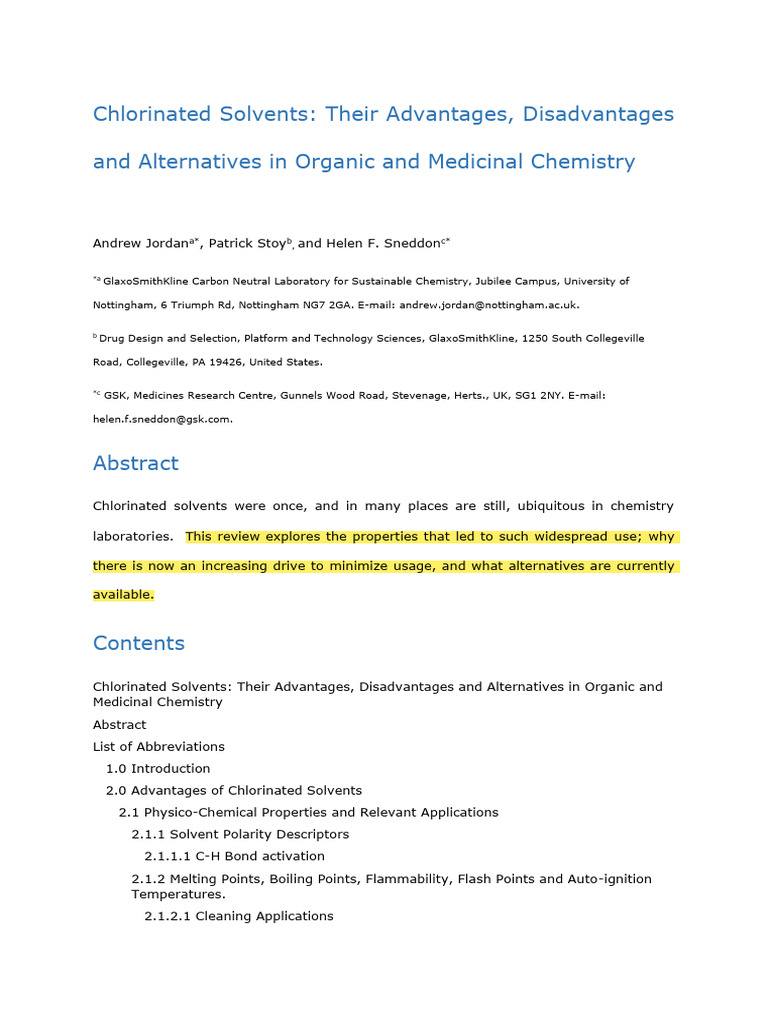 Chlorinated Solvents Their Advantages - Disadvantages and Alternatives ...