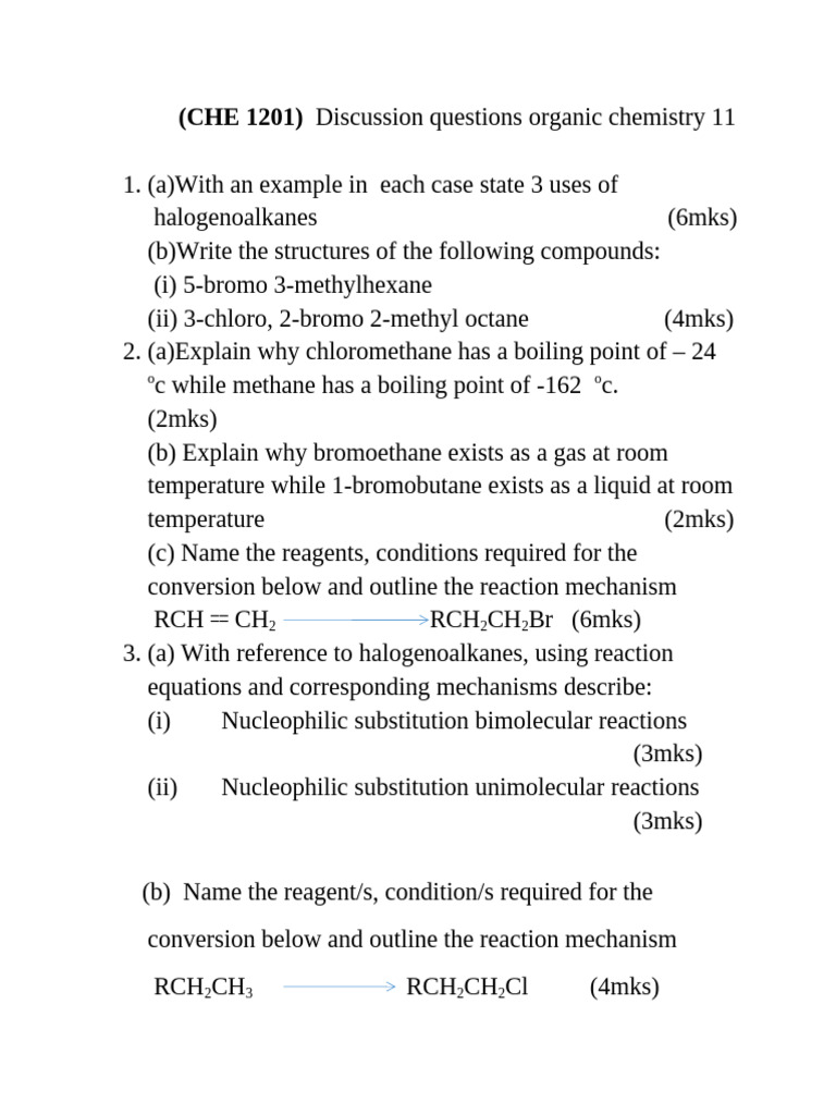 CHE 1201 Discussion Questions Organic Chemistry 11 | PDF