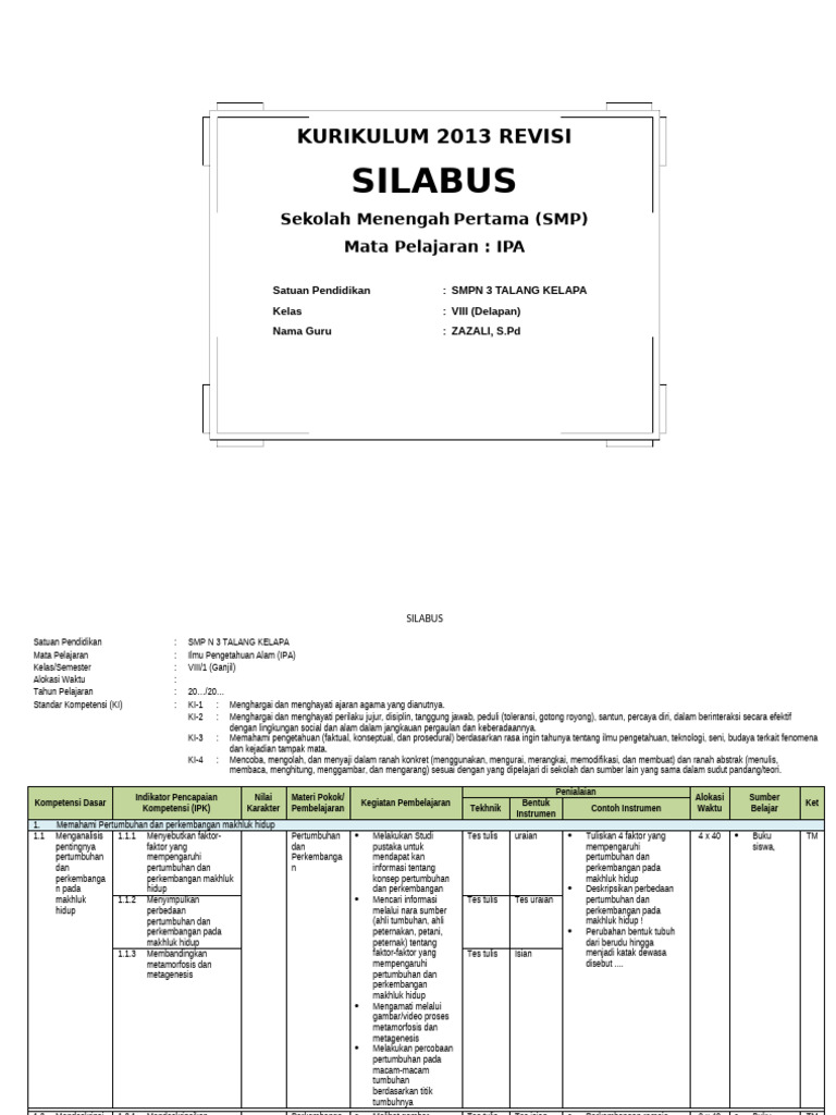 Silabus IPA Kelas 8 (11 Kolom) | PDF