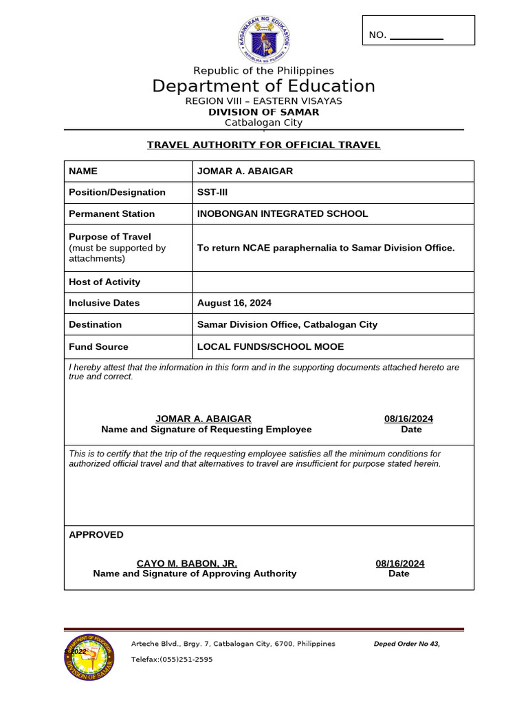 Travel Order Format | PDF