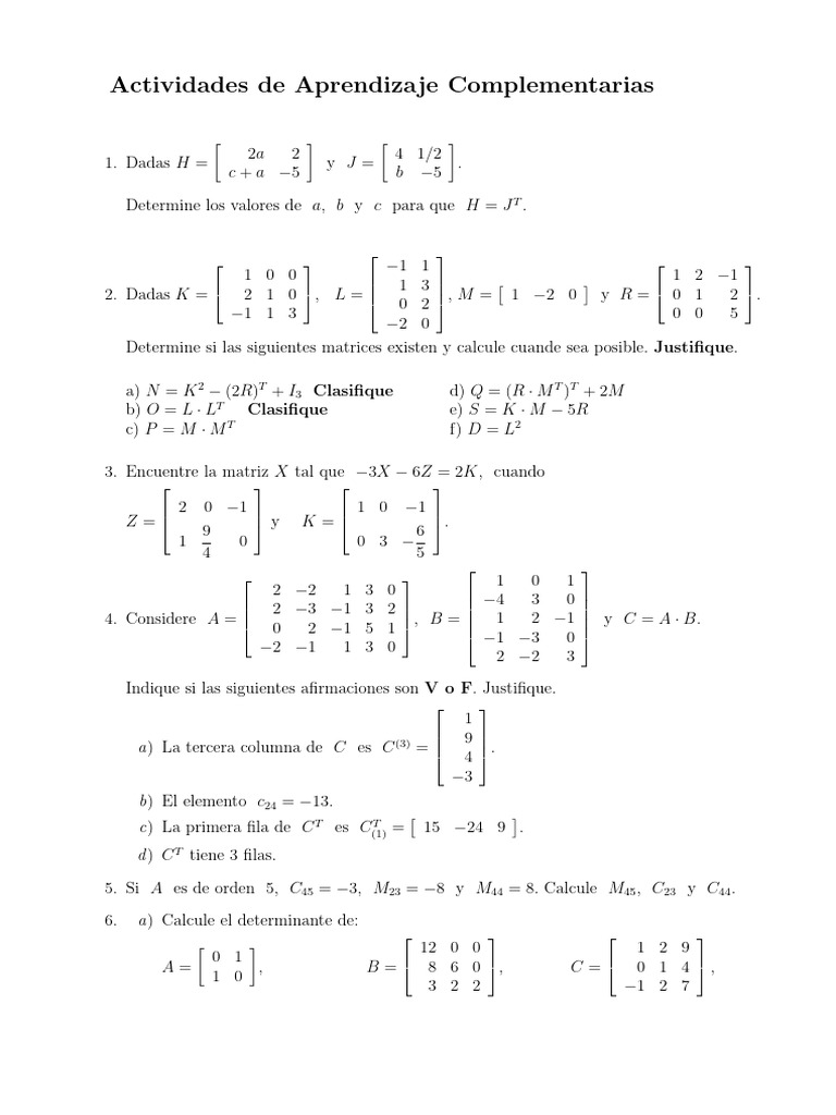UNIDAD 1 - Matrices-Actividades Complementarias | PDF