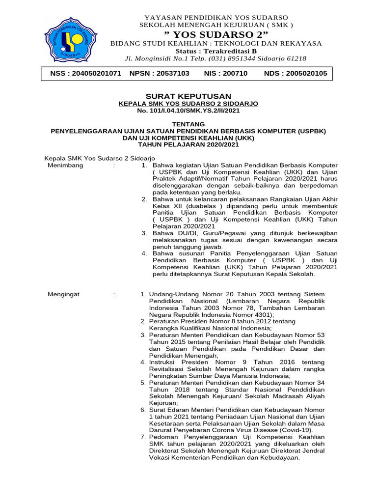 SK Ujian Ukk Dan Uspbk 2021 | PDF