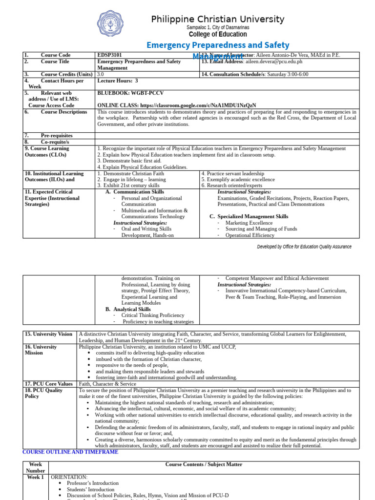 Emergency Preparedness and Safety Management 1st Sem 2024-2025 Bped | PDF