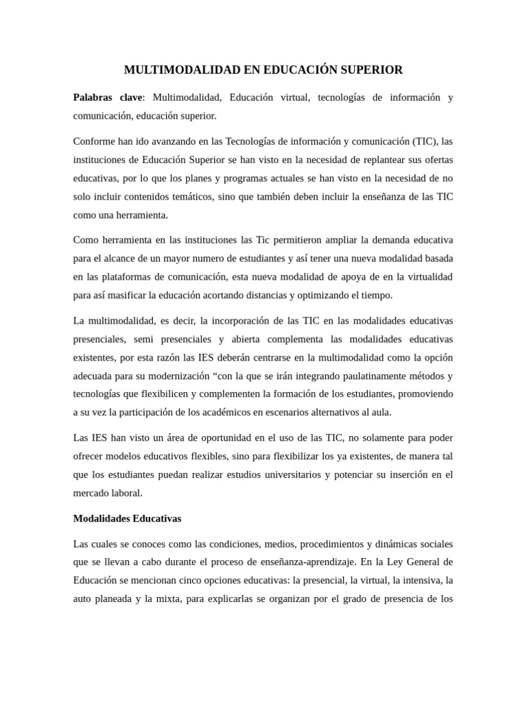 Multimodalidad en Educación Superior (Resumen) | PDF | Crecimiento ...