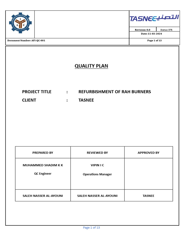 AFI-QC-001 Quality Plan | PDF