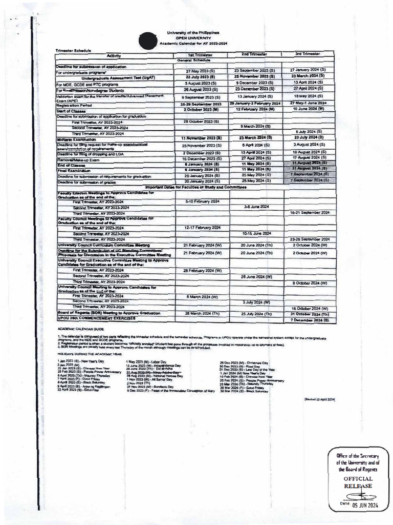 UPOU-MODIFIED-ACAD-CALENDAR-AY-2023-2024-Updated-Trimester | PDF