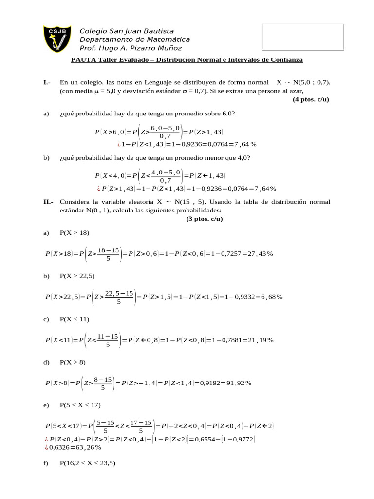 Taller Evaluado 4ų Medio (Distribuci N Normal) (V2) - Pauta | PDF