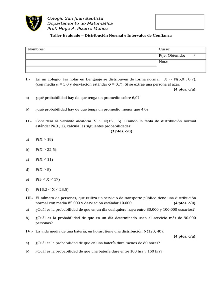 Taller Evaluado 4ų Medio (Distribuci N Normal) (V2) | PDF Taller Evaluado 4ų Medio (Distribuci N Normal) (V2) | PDF