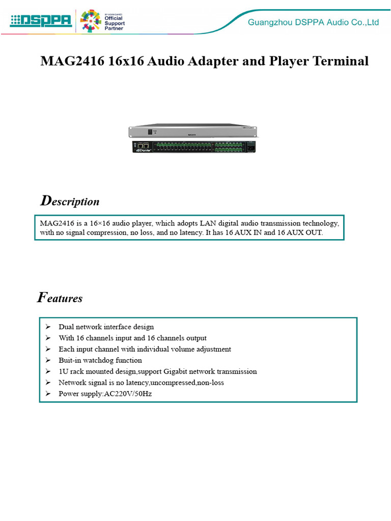 Data Sheet Mag2416 16x16 Audio Adapter and Player Terminal | PDF