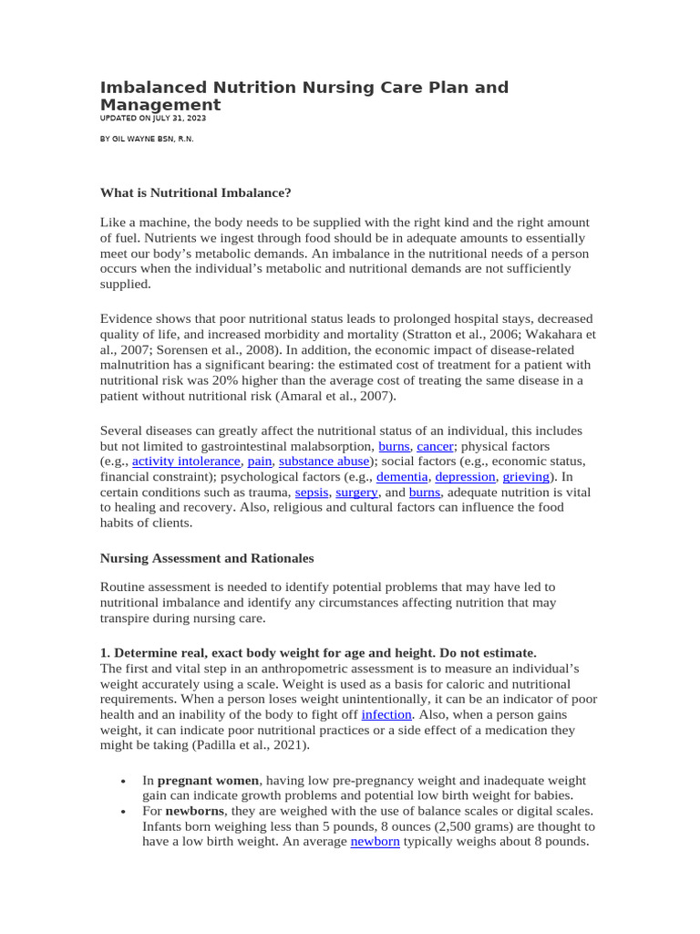 Imbalanced Nutrition Nursing Care Plan and Management | PDF