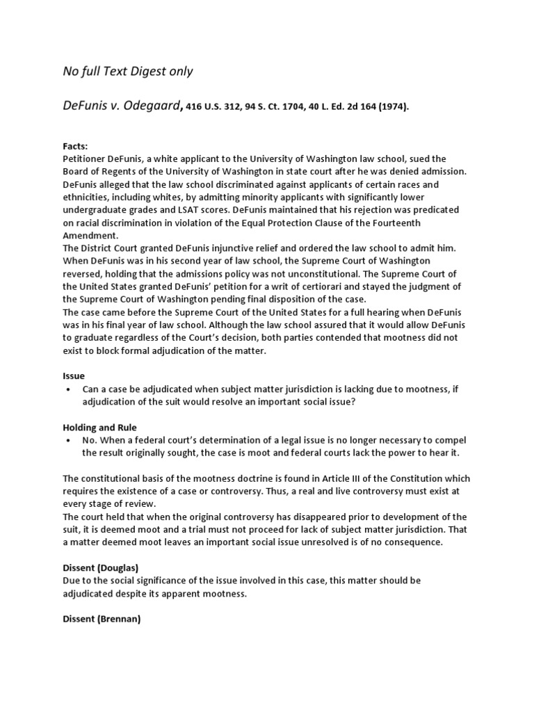 Defunis v. Odegaard 416 US 312 1974 | PDF | Mootness | Supreme Court Of ...
