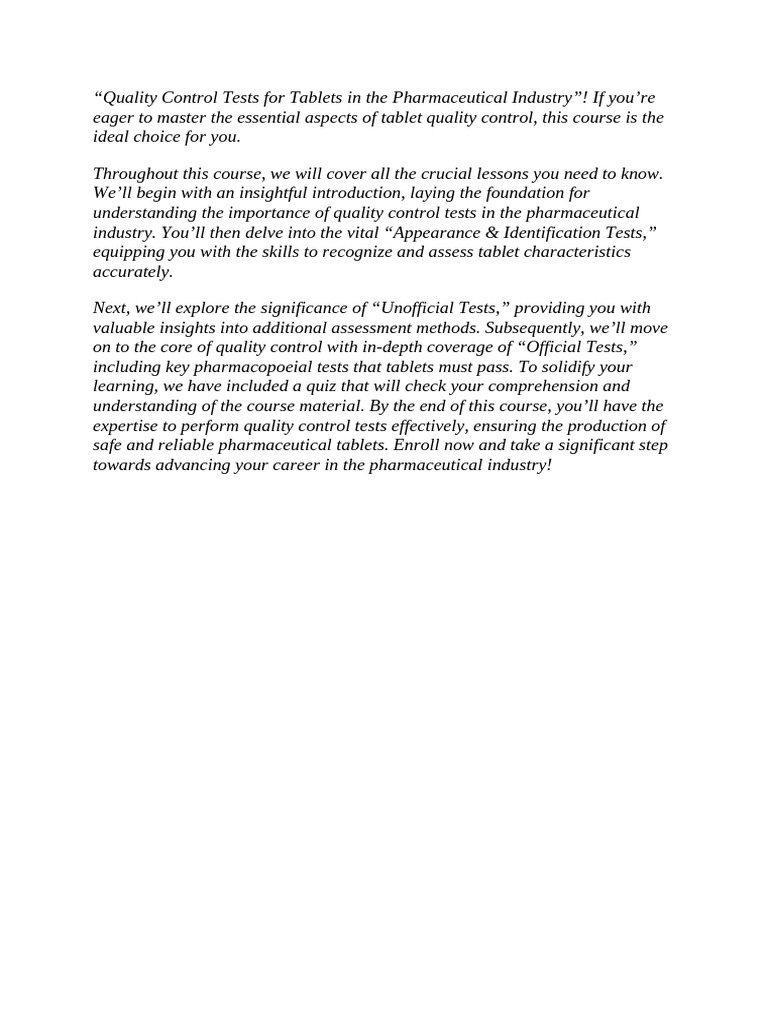 Quality Control Tests for Tablets | PDF