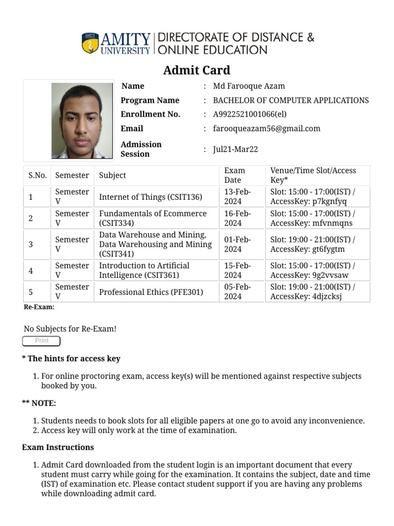 Admit Card 5th Sem Q1 2024 | PDF