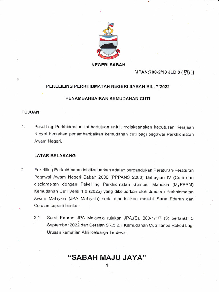 Pekeliling Perkhidmatan Negeri Sabah Bil 7 2022 - Penambahbaikan ...