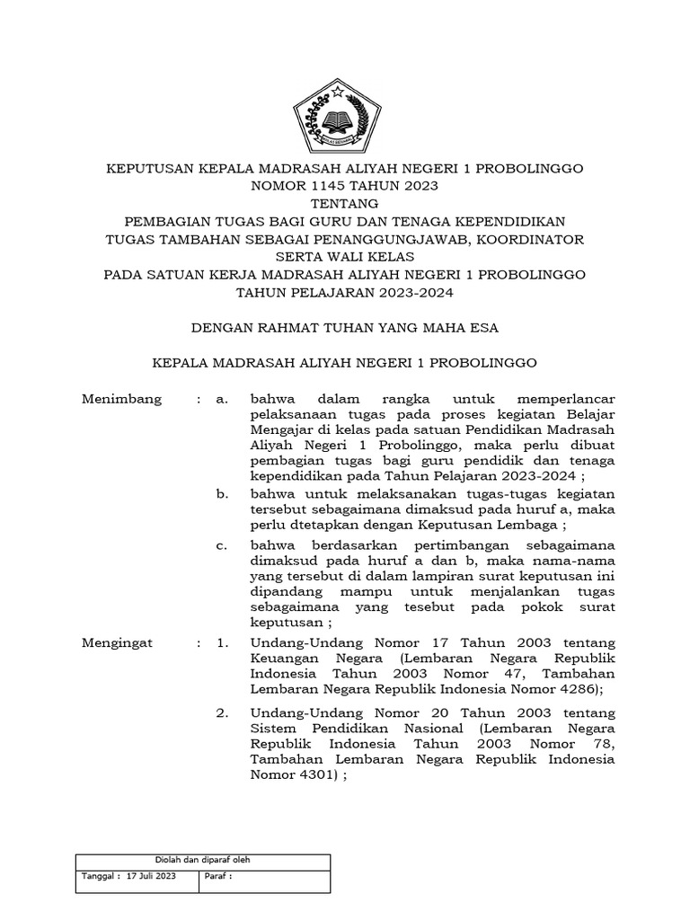 SK Pembagian Tugas 2023 2024 1 | PDF