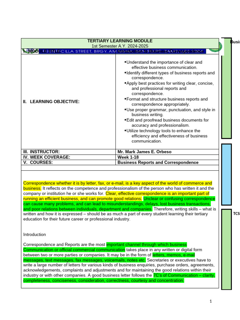 Business Reports and Correspondence - Module | PDF