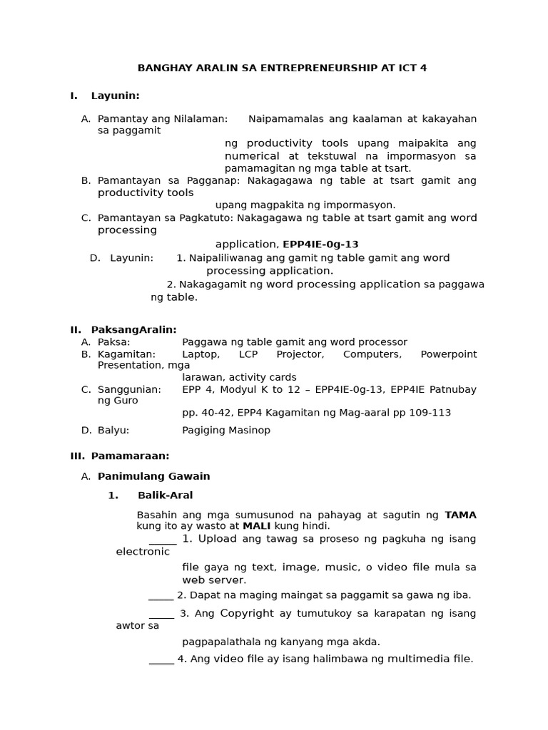 Banghay Aralin Sa EPP 4 ICT at Entreprenuership - CO1 (3rdQ) | PDF