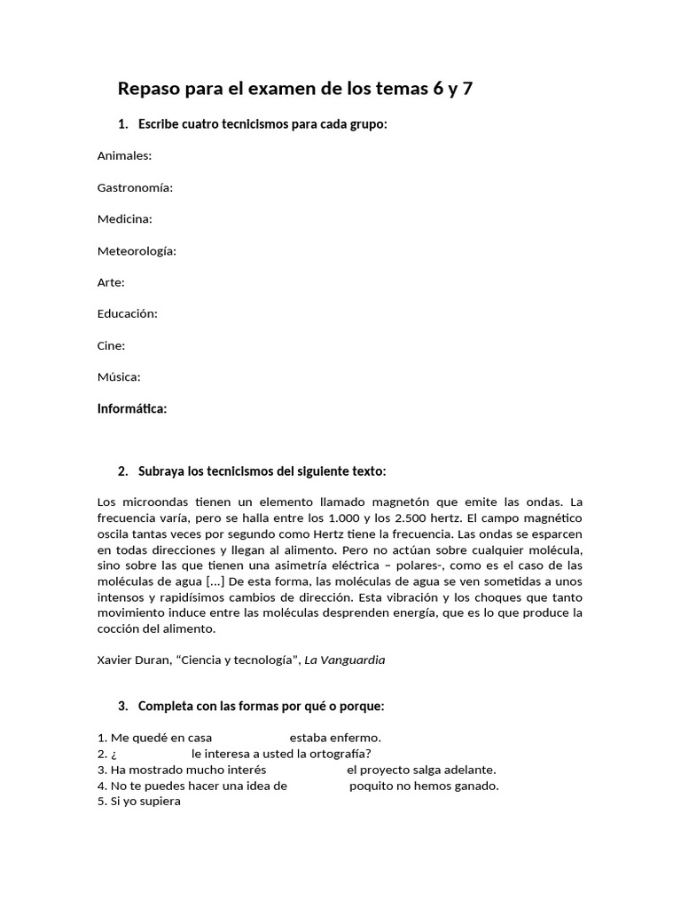 Repaso para El Examen de Los Temas 6 y 7 | PDF