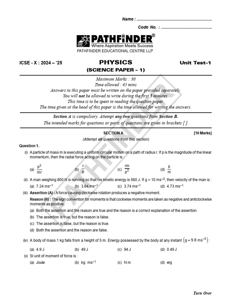 X Physics Unit Test-1 Q.P. 24-'25 | PDF