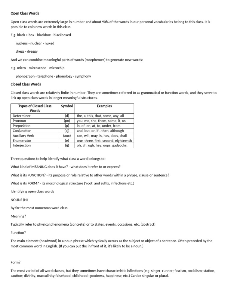 Open Class Words | PDF