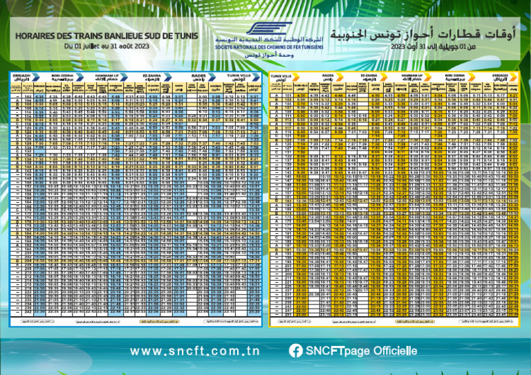 SNCFT - Horaires Des Départs Et Des Arrivées Des Trains de Banlieue de Tunis À Erriadh (Été 2023 ...