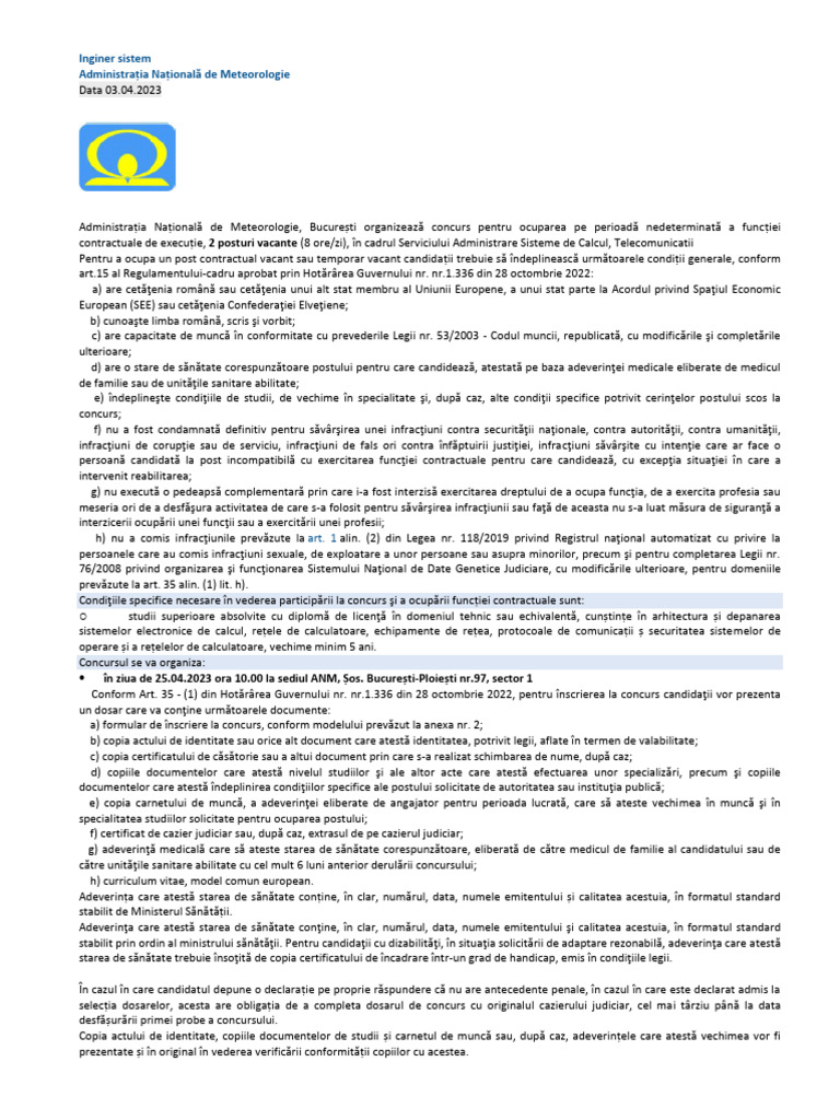 Concurs Inginer Sistem 2023 | PDF