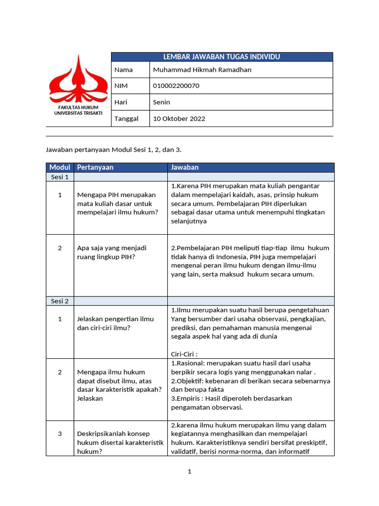 Lembar Jawaban Pih 2 | PDF