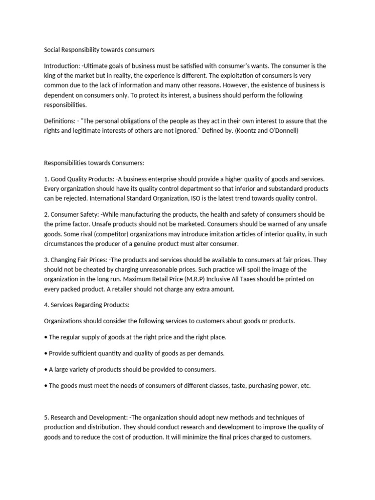 Social Responsibility Towards Consumers | PDF