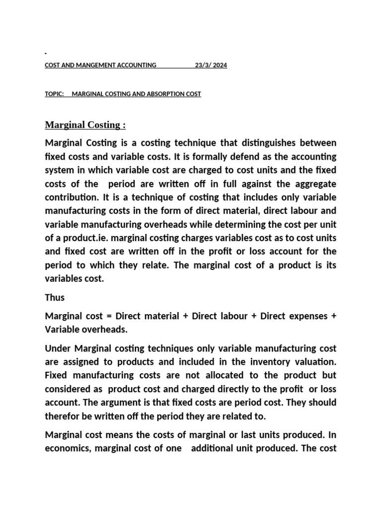 MARGINAL COSTING AND ABSORPTION COST | PDF