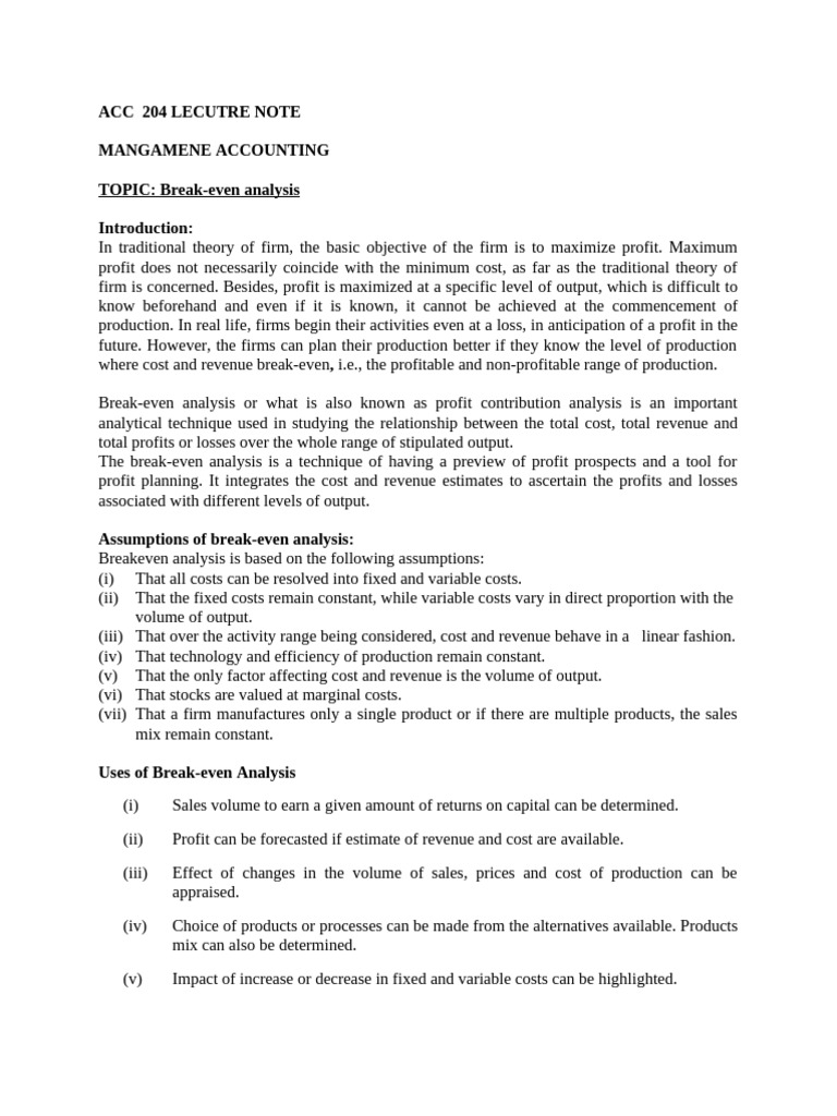 ACC 204 Break Even Lecture Note 2024 | PDF