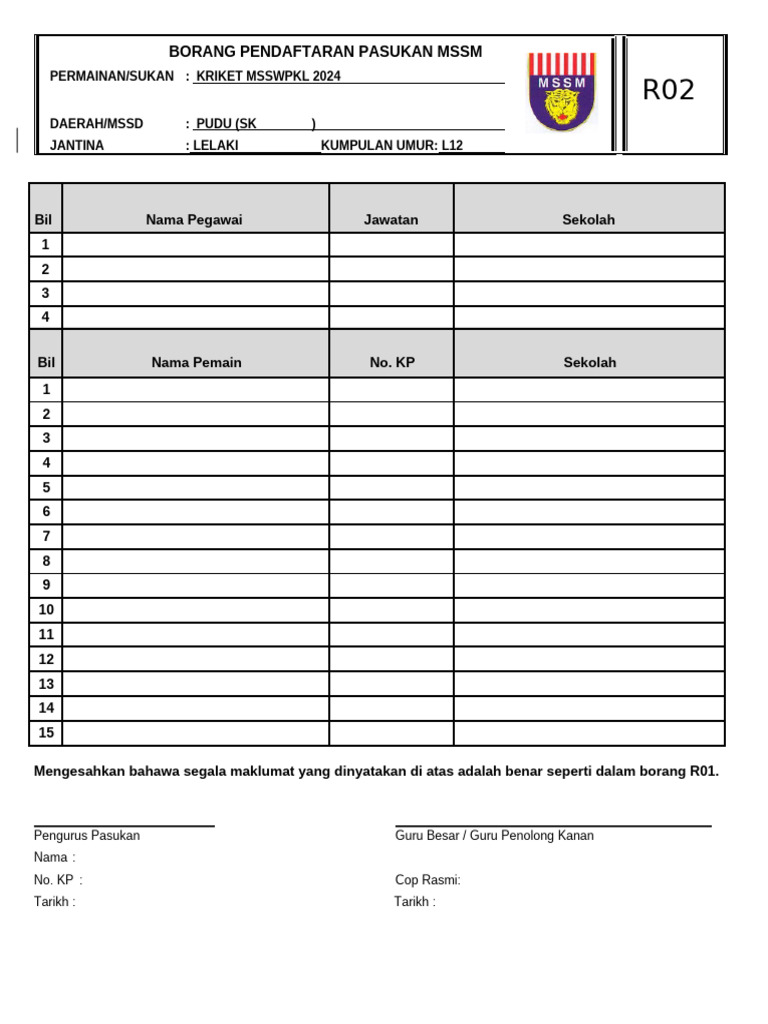 Borang R02 MSSWPKL | PDF