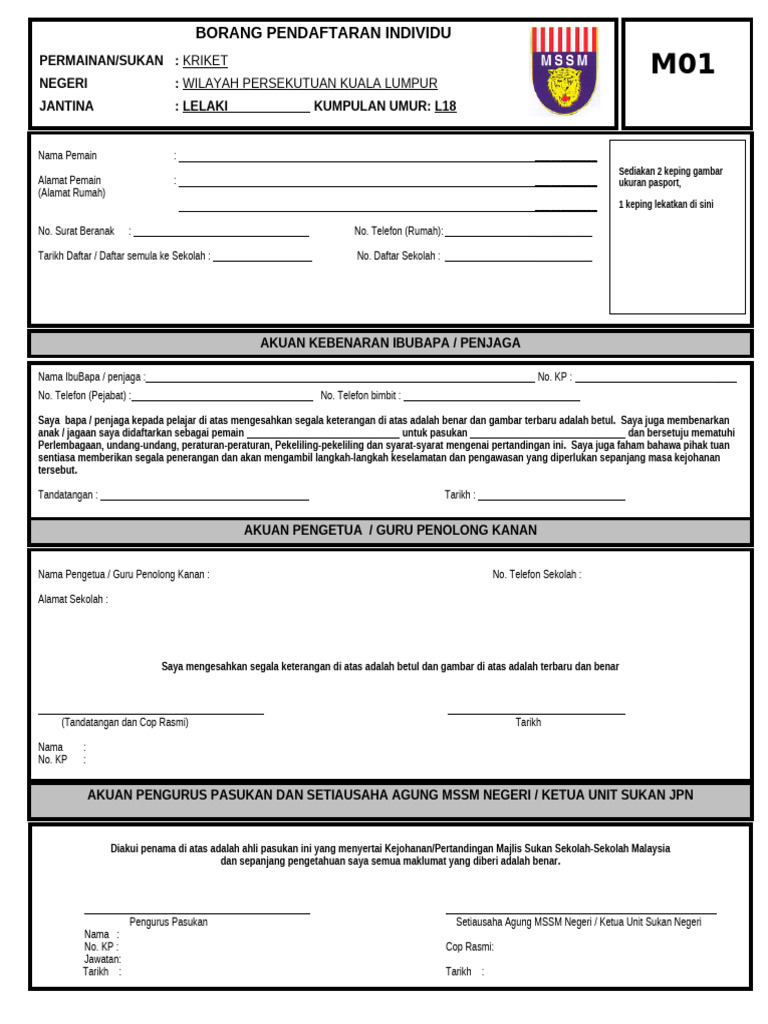 Borang M01 MSSWPKL | PDF