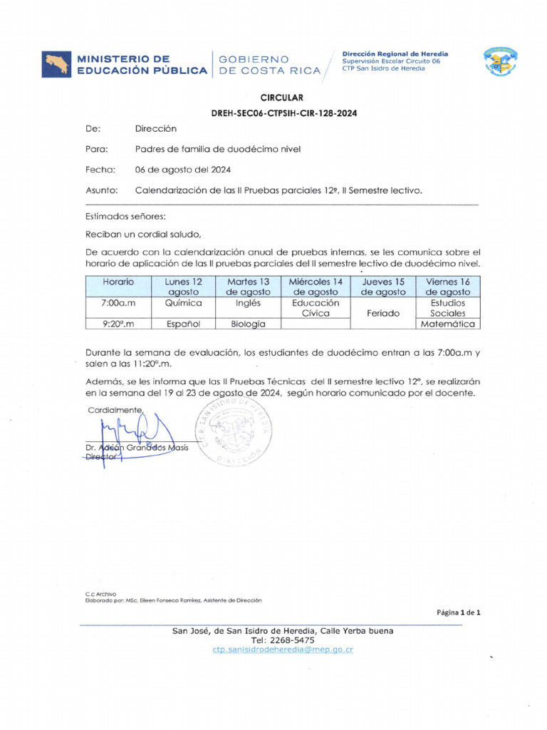 DREH-SEC06-CTPSIH-CIR-128-2024 (Calendarización II Pruebas Parc) | PDF