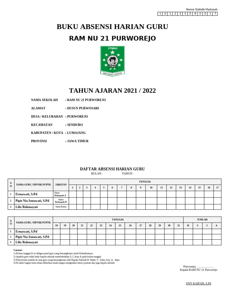 Absen Harian Guru Ra | PDF