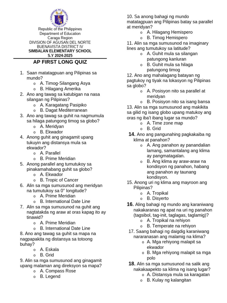 Araling Panlipunan 5 Quarter 1 Aralin 1 and 2 Long Quiz | PDF