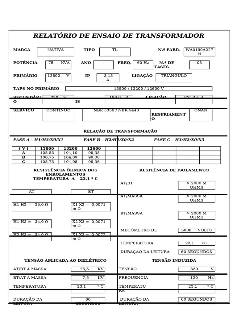 Relatório de Ensaio de Transformador: FASE A - H1/H3/X0/X1 FASE B - H2/H1/X0/X2 FASE C - H3/H2 ...
