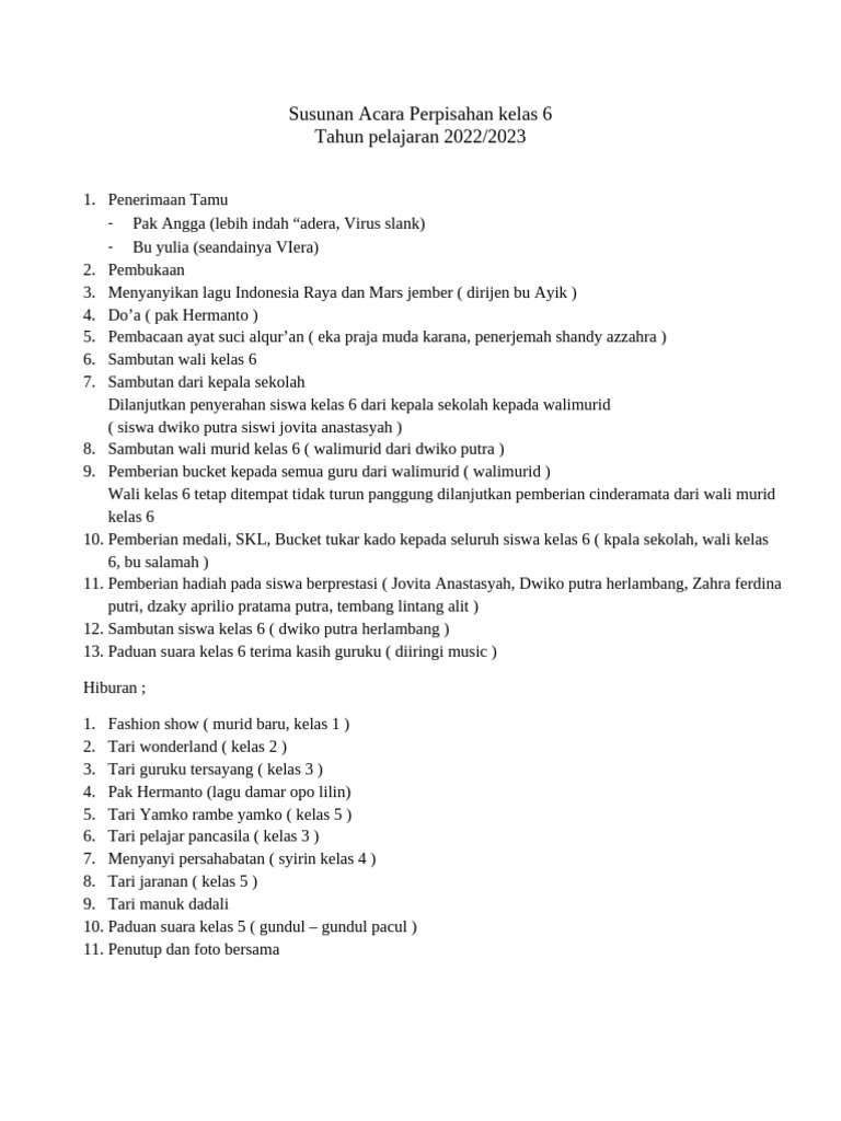 Susunan Acara Perpisahan Kelas 6 | PDF