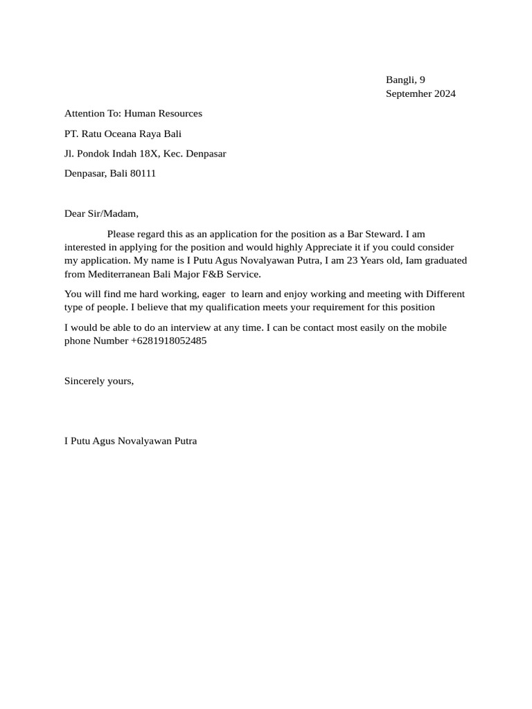 Application Later Cruise Ship - Bar Steward | PDF