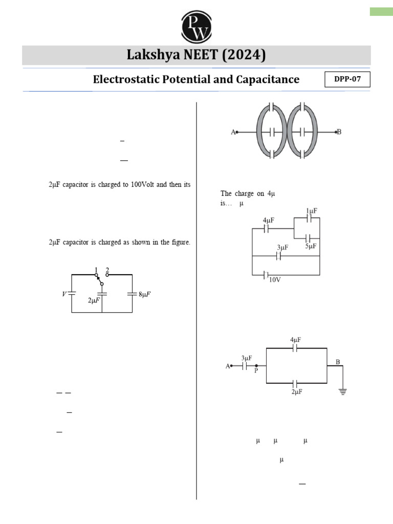 Electrostatic Potential and Capacitance DPP 07 of Lecture 12 | PDF