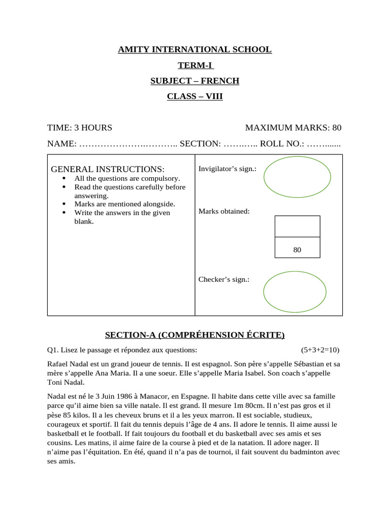 Amity International School Term-I Subject - French Class - Viii | PDF