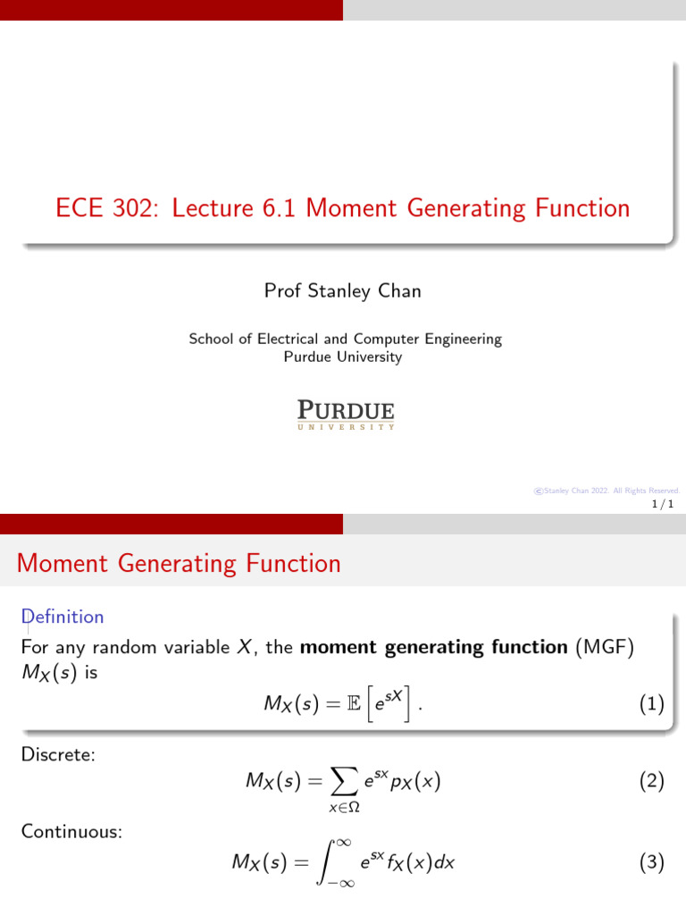 ECE 302: Lecture 6.1 Moment Generating Function: Prof Stanley Chan | PDF