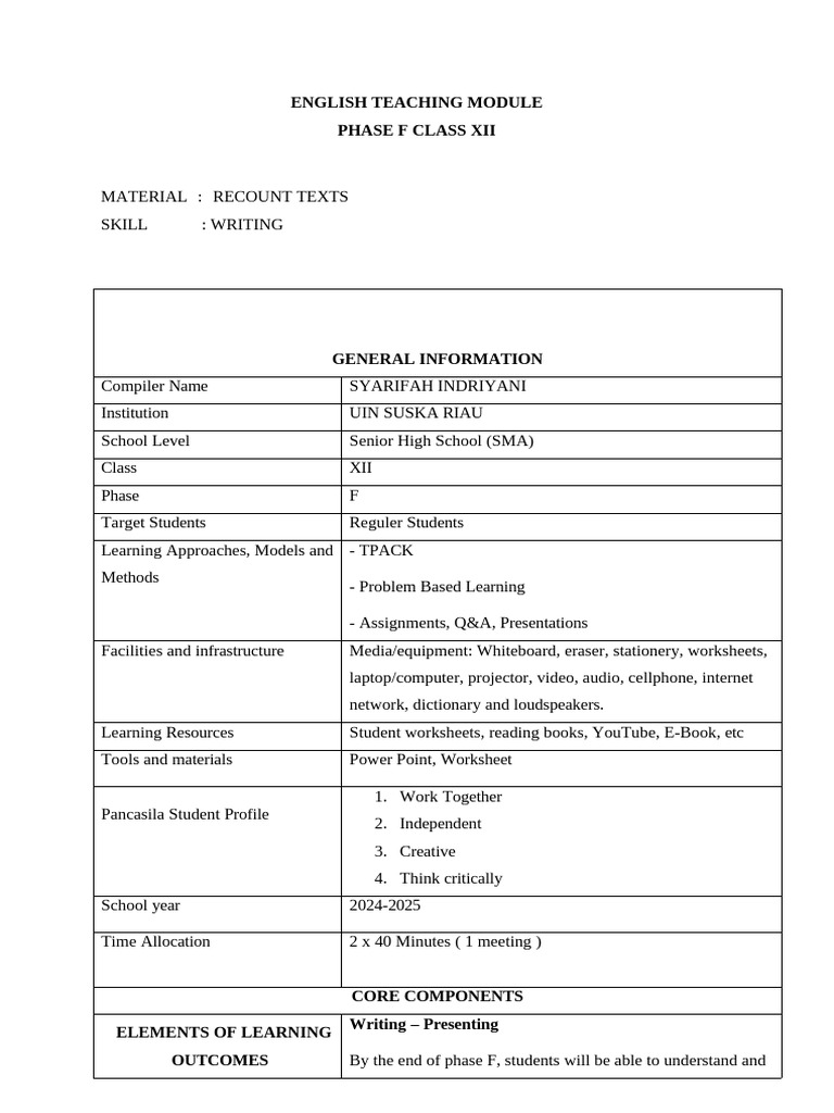 Syarifah Indriyani (English Teaching Module) PPL | PDF