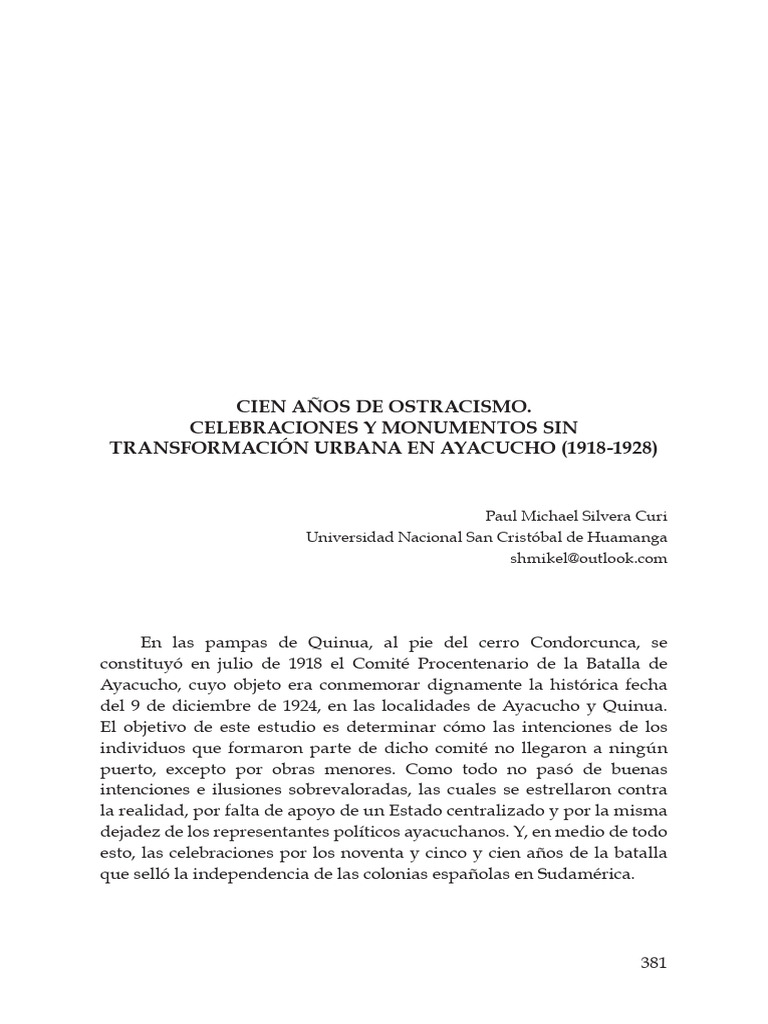 2021 Cien Años de Ostracismo. Celebraciones y Monumentos Sin Transformación Urbana en Ayacucho | PDF