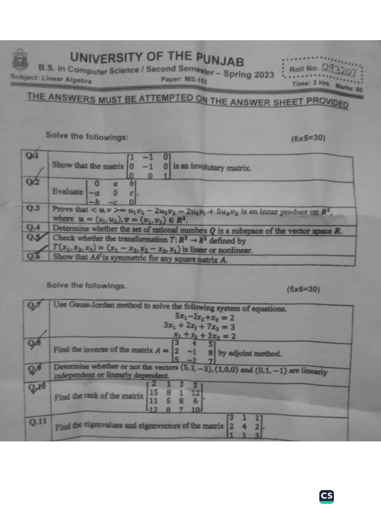 2023 past paper solve linear algebra -Punjab University | PDF