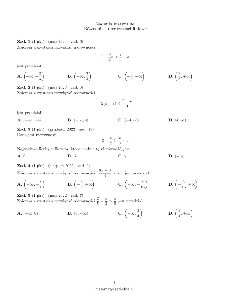 Zadania Maturalne Równania I Nierówności Liniowe: Matematykaszkolna ...