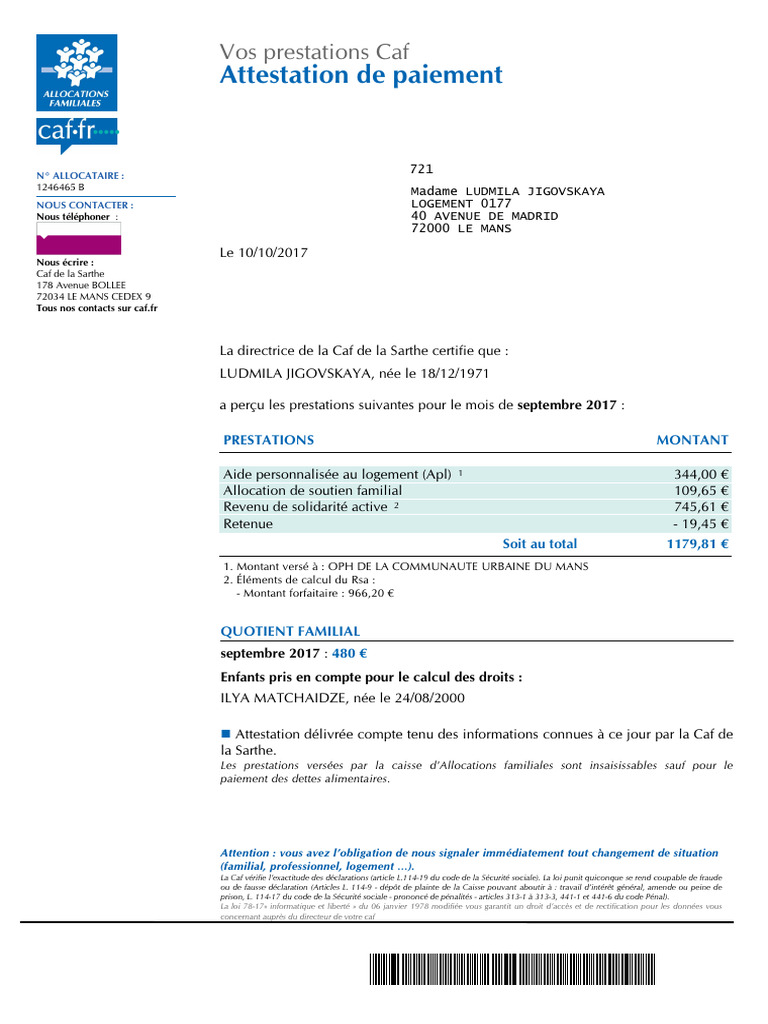 Attestation de Paiement: Vos Prestations Caf | PDF