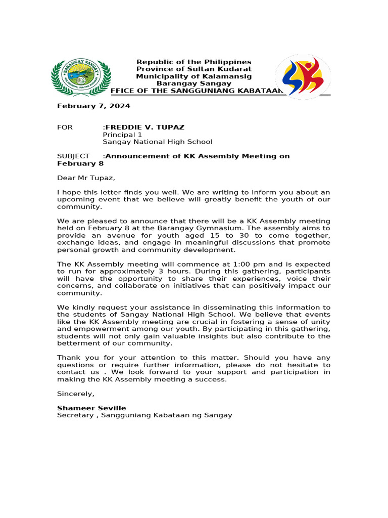 KK Assembly Letter | PDF